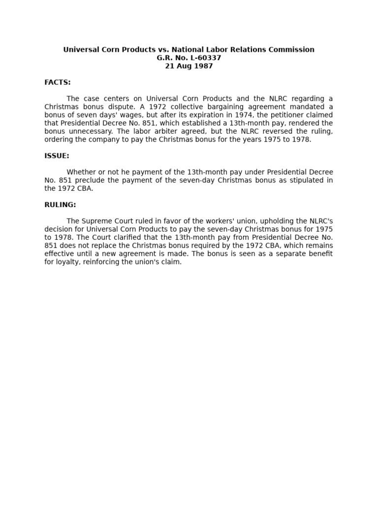 Universal Corn Products v. NLRC, August 21, 1987 | PDF