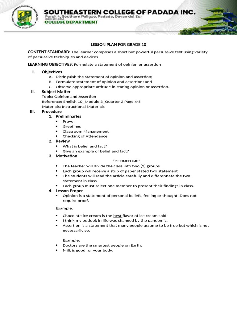 Lesson Plan For Grade 10 | PDF | Lesson Plan | Learning