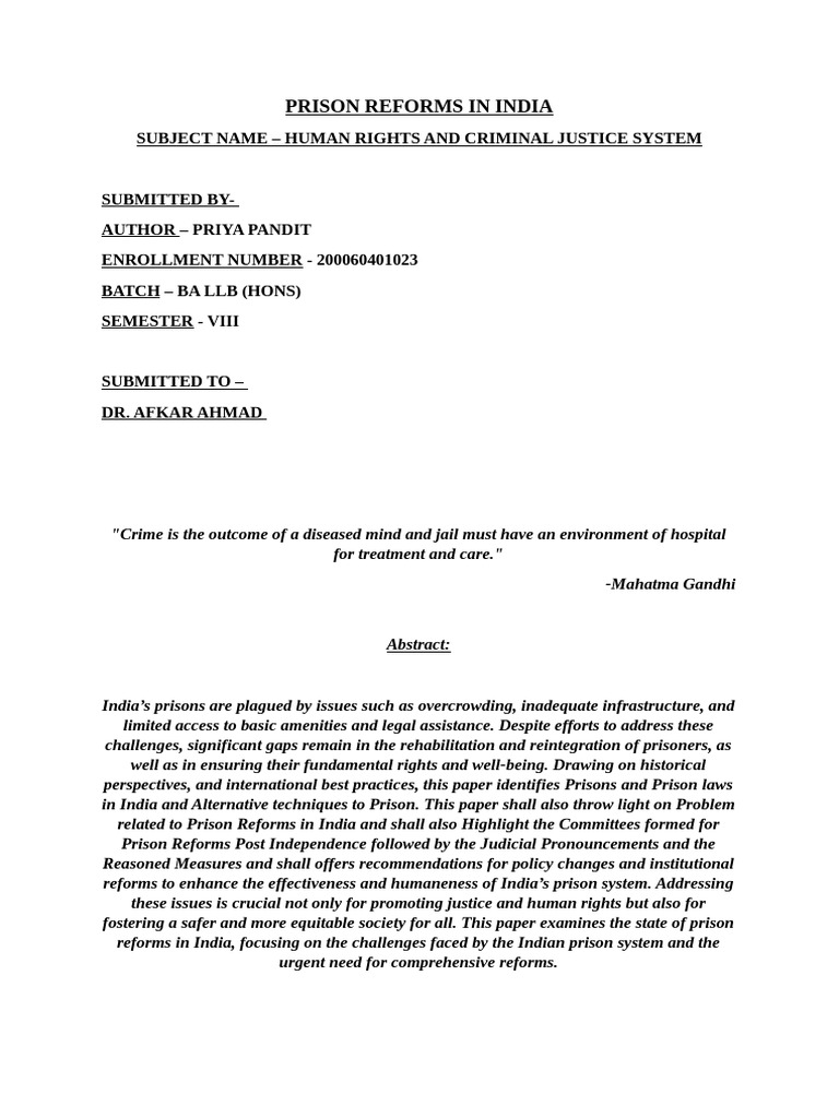 PRIYA PANDIT 200060401023 Prison Reforms in India | PDF | Prison | Pardon