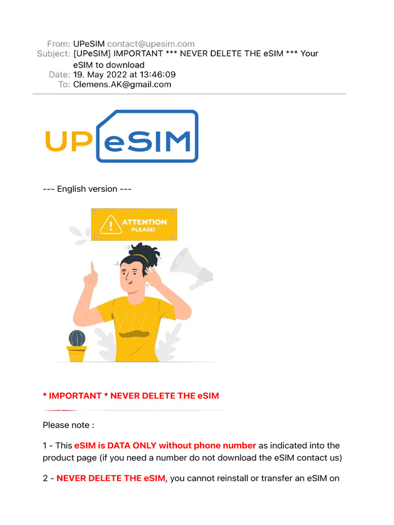 (UPeSIM) IMPORTANT NEVER DELETE THE eSIM Your eSIM To Download | PDF | Téléphones portables ...