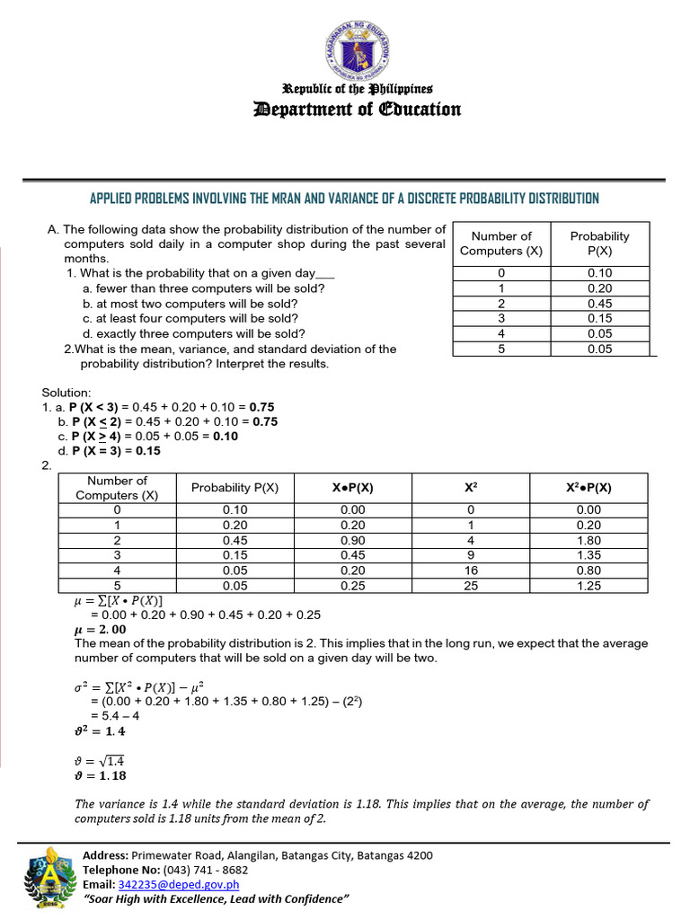 MEAN AND VARIANCE OF A DISCRETE PROBABILITY DISTRIBUTION | PDF | Variance | Standard Deviation