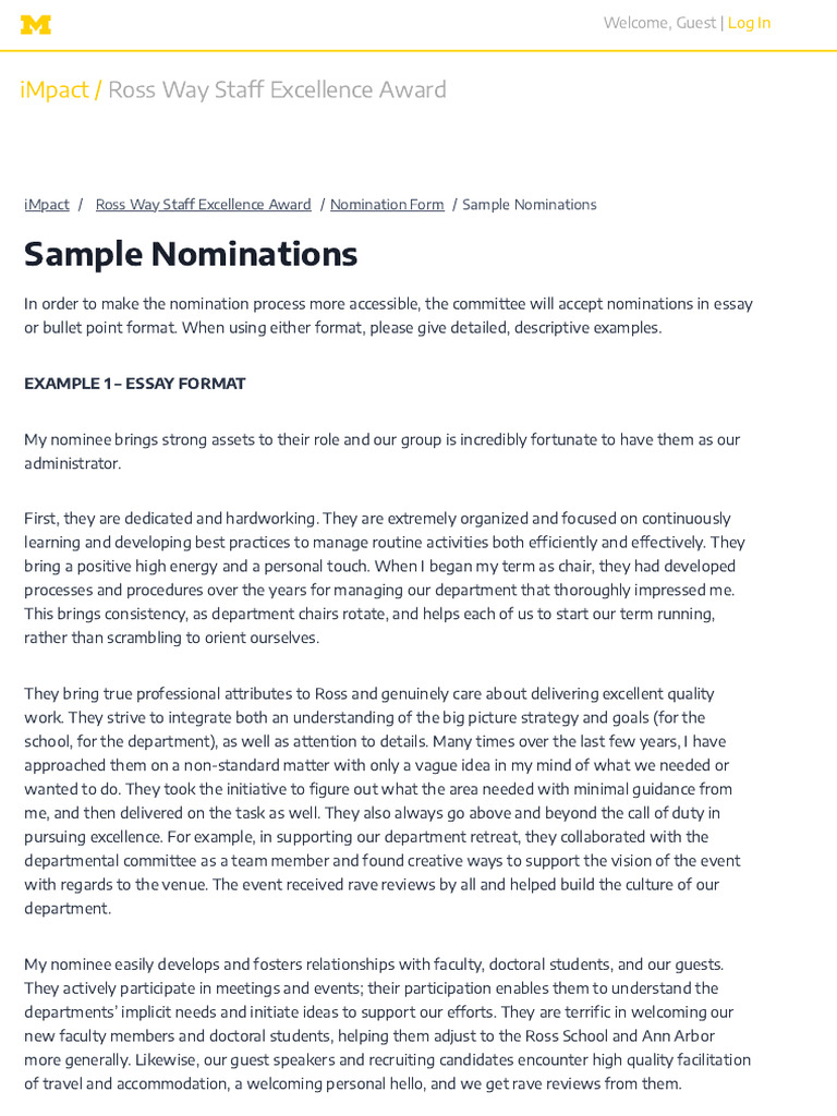 Sample Nominations - Ross Way Staff Excellence Award | PDF | Social ...
