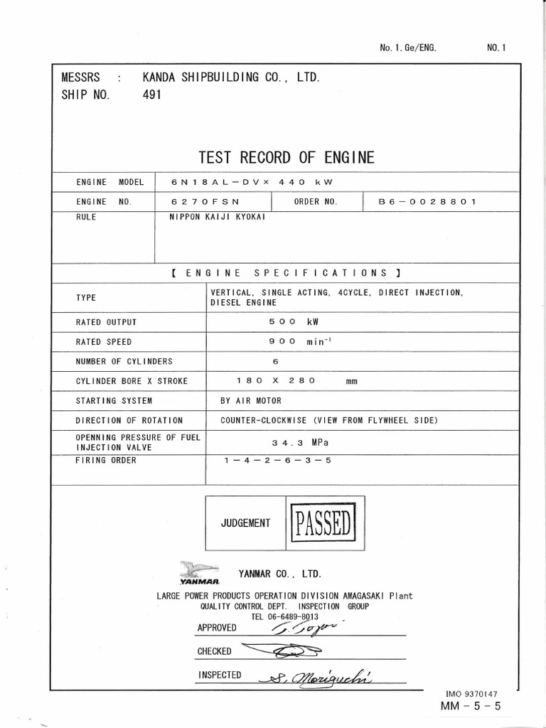 Mm-5-5 Test Record of Generator Engine | PDF | Diesel Engine | Engines