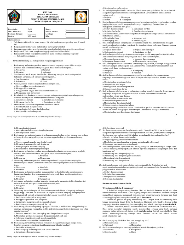 SOAL STS PJOK 2024-2025 KELAS IV KURMER | PDF