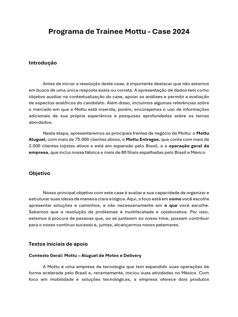 Case 2024 - Programa de Trainee Mottu | PDF | Brasil | E-commerce