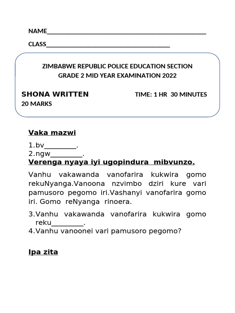 Grade 2 Shona Written Mid Year 2022 | PDF