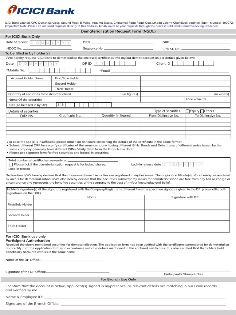 NSDL - Dematerialisation Request Form | PDF | Securities (Finance)