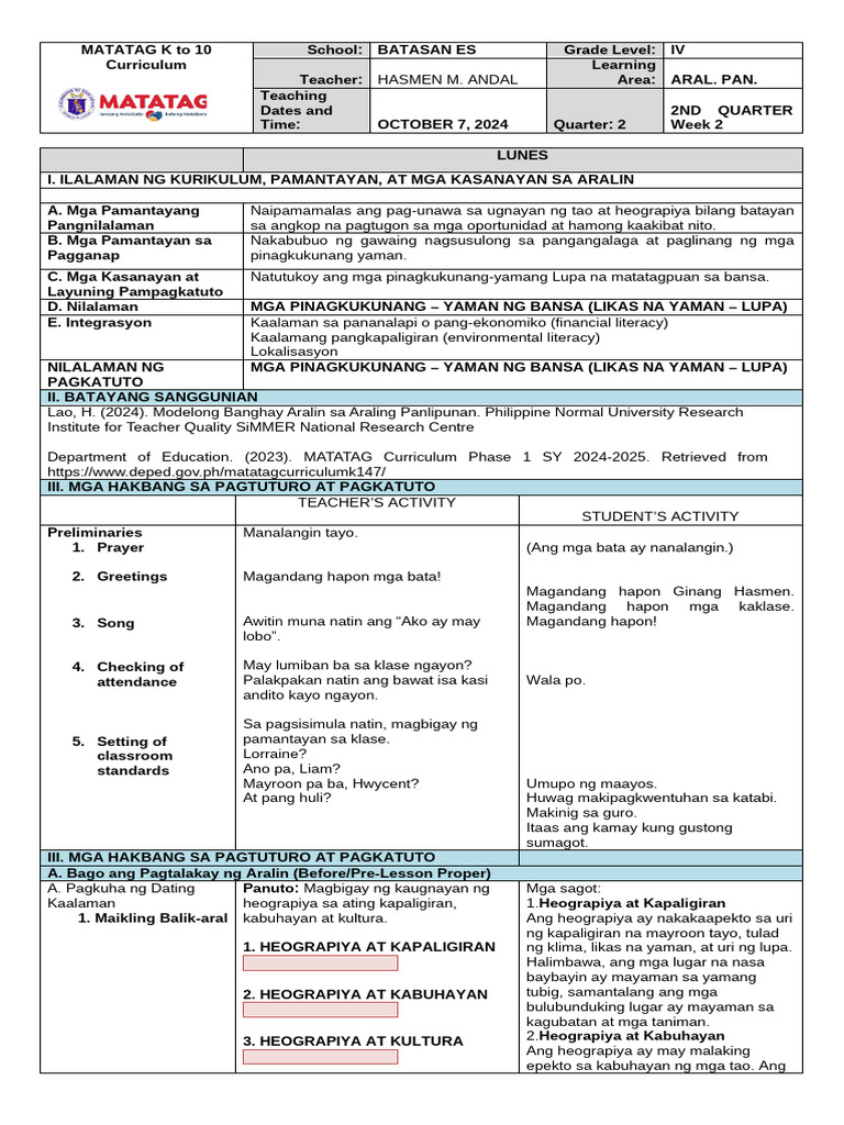 ARAL PAN Day 2 Lesson Plan Week 2 Quarter 2 | PDF