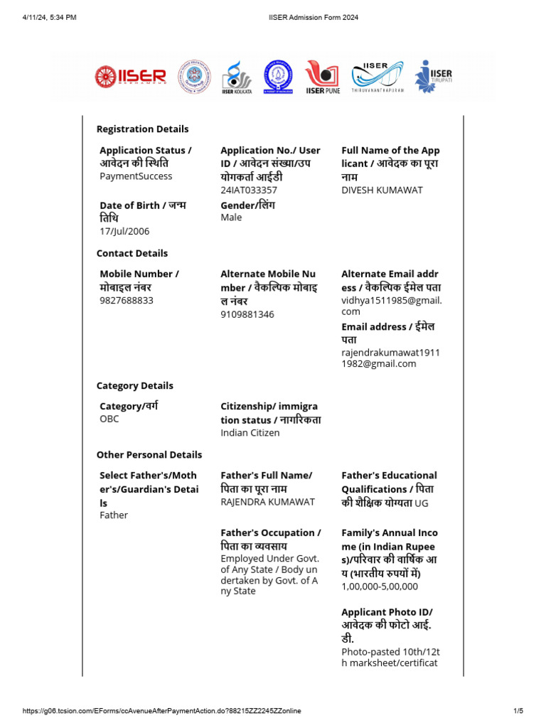 IISER Admission Form 2024 | PDF