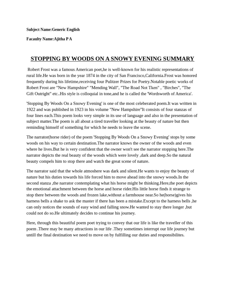 Stopping by Woods On A Snowy Evening - Summary | PDF