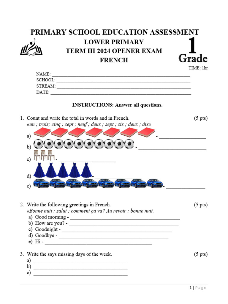 Primary 1 French Exam Paper 2024 | PDF