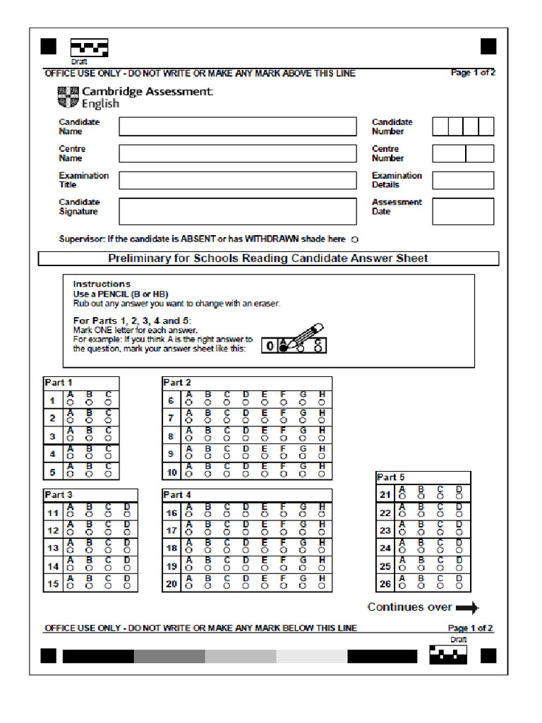 B1 Preliminary - Candidate Answer Sheets | PDF