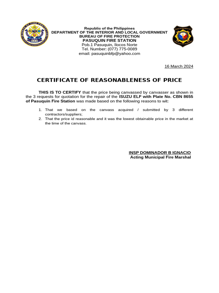 Certificate of Price Reasonableness for Repairs | PDF