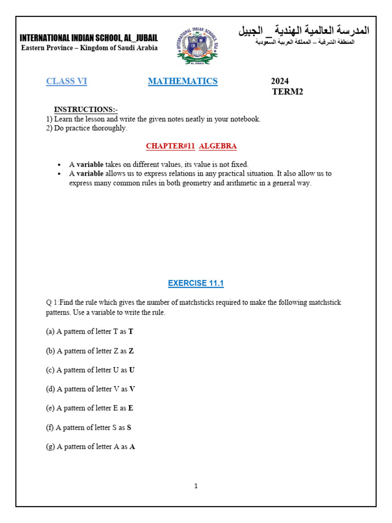Class 6 Algebra Notes Term 2 | PDF | Algebra | Mathematics