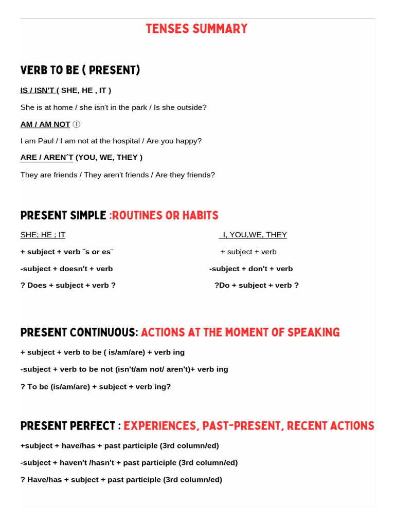 summary of tenses | PDF | Verb | Perfect (Grammar)