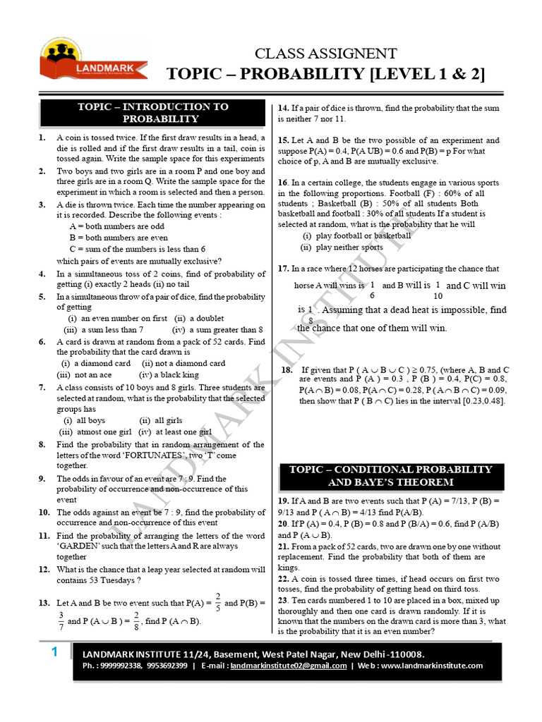 Topic - Probability (Level 1 & 2) : Class Assignent | PDF | Probability ...