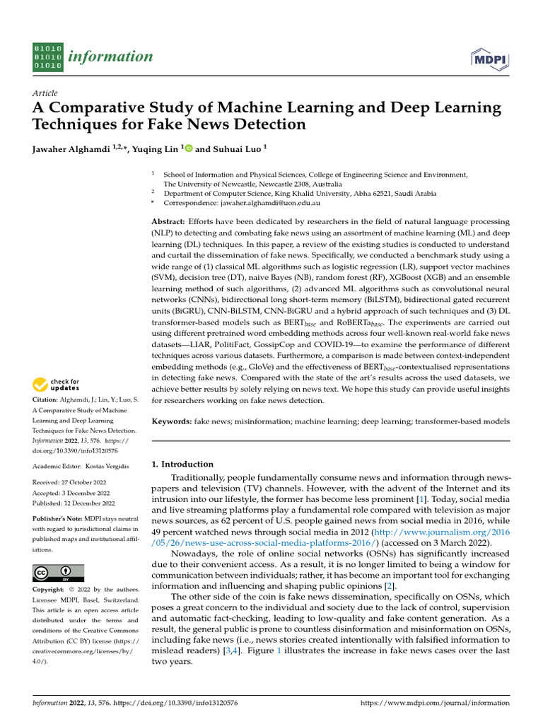AComparative Study of Machine Learning and Deep Learning Techniques For Fake News Detection ...