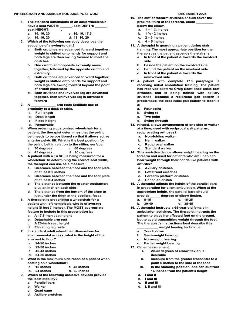 WHEELCHAIR AMBULATION AIDS Post Quiz DEC 2024 | PDF | Wheelchair ...