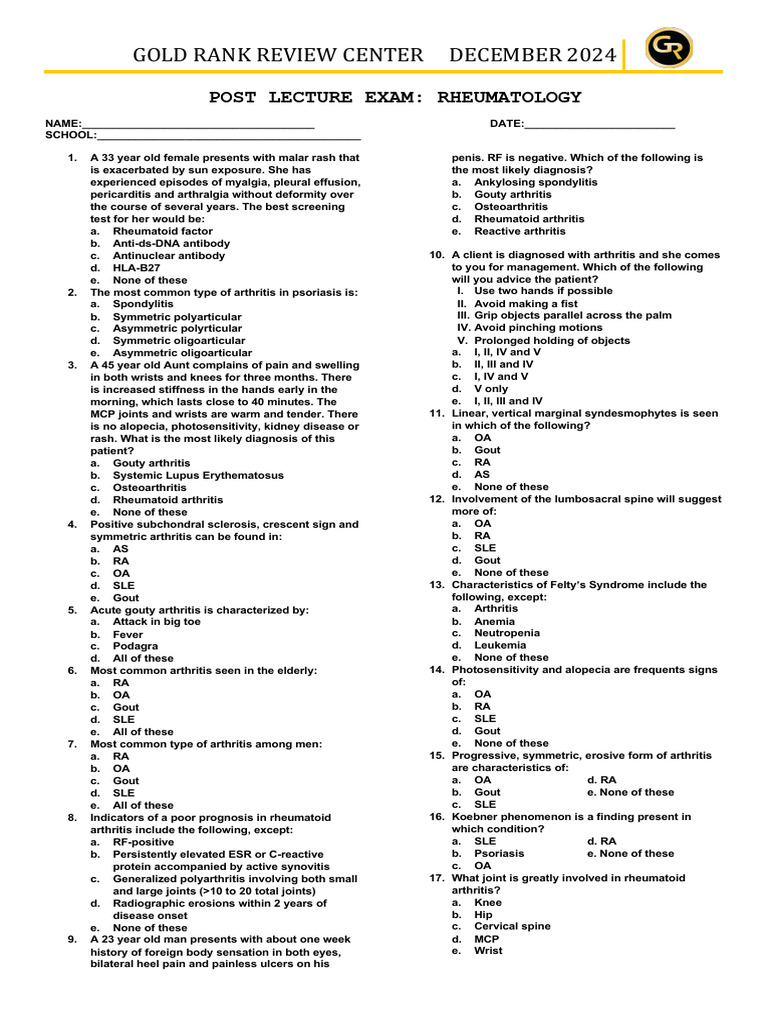 EXAM-RHEUMATOLOGY_RUBY_ | PDF | Arthritis | Gout