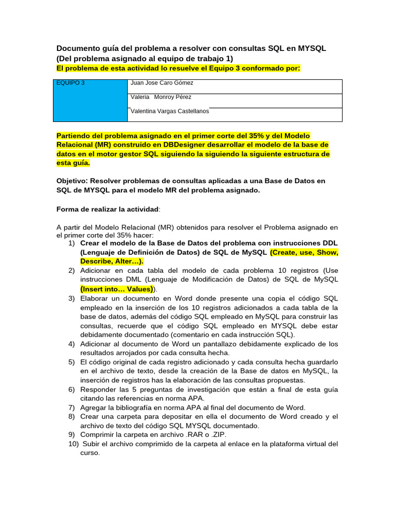 Guía e Informe de Solución de Consultas Problema Asignado en MySQL - Parte1 - Equipo3 | PDF ...