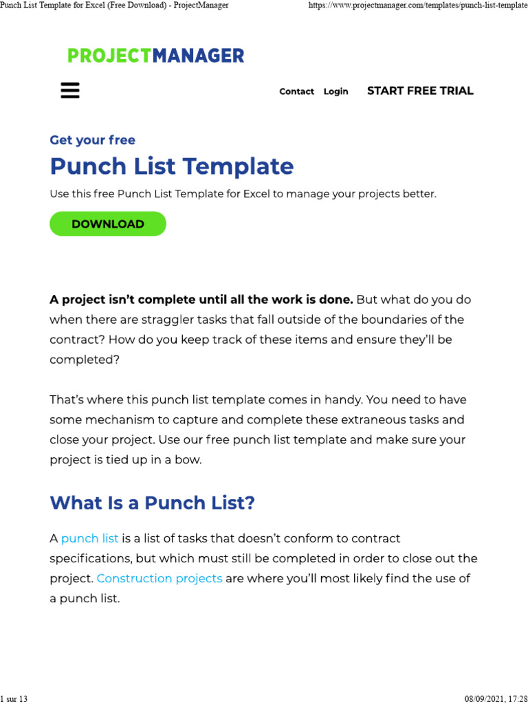 Free Excel Punch List Template Download | PDF