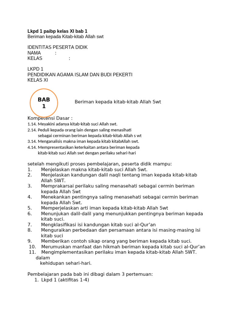 Lkpd 1 paibp kelas XI bab 1 iman kpd kitab | PDF