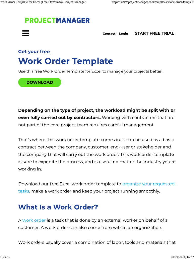 Work Order Template for Excel (Free Download) - ProjectManager | PDF