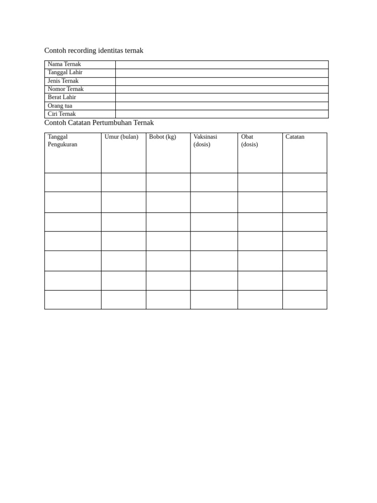 Contoh Recording Identitas Ternak | PDF