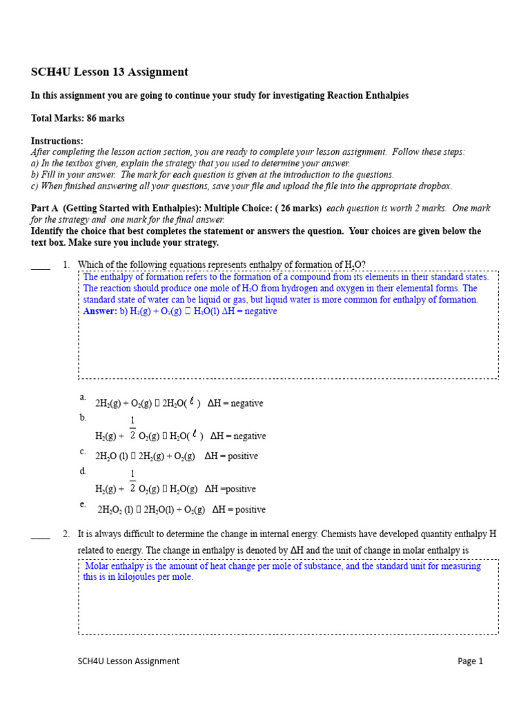 SCH4U Reaction Enthalpies Assignment | PDF | Heat | Metrology