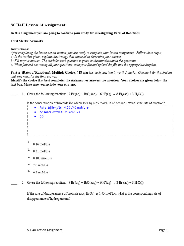 SCH4U Lesson 14 Assignment | PDF | Chemical Reactions | Stoichiometry