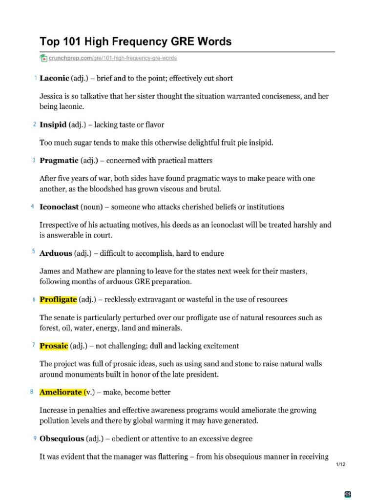 Crunchprep Top 101 HF GRE Words | PDF