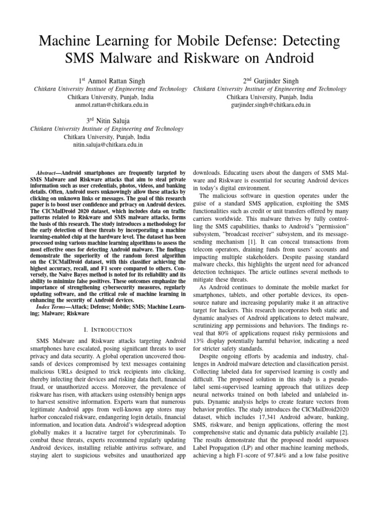 Machine Learning For Mobile Defense Detecting SMS Malware and Riskware ...