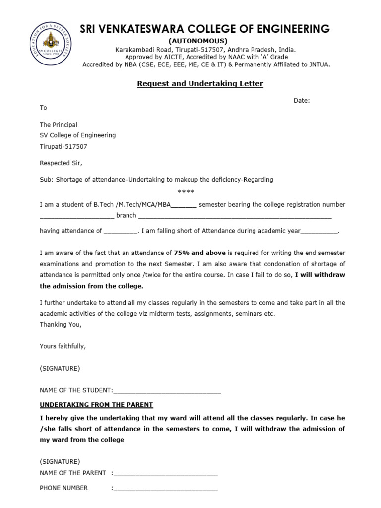 Attendance Undertaking Letter | PDF