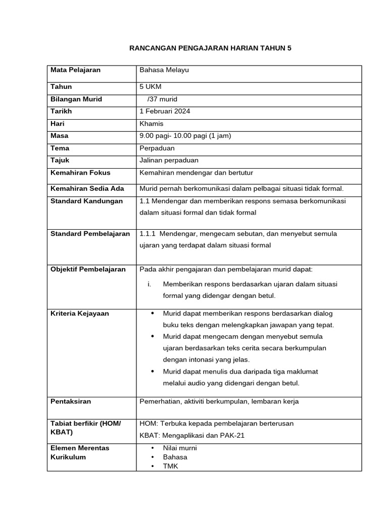 RPH BM M5 1.1.1 Aspek Kemahiran Mendengar Bertutur 1.2 | PDF
