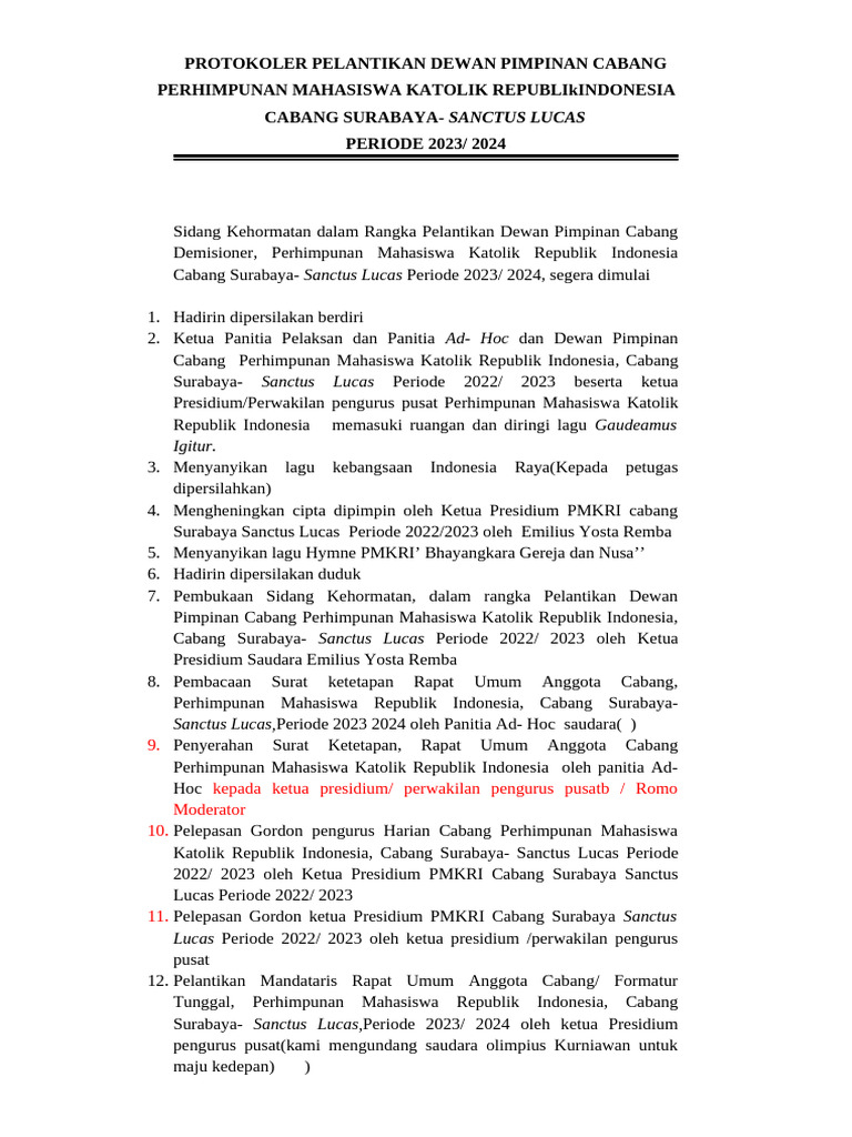 Protokoler Pelantikan Dewan Pimpinan Cabang | PDF