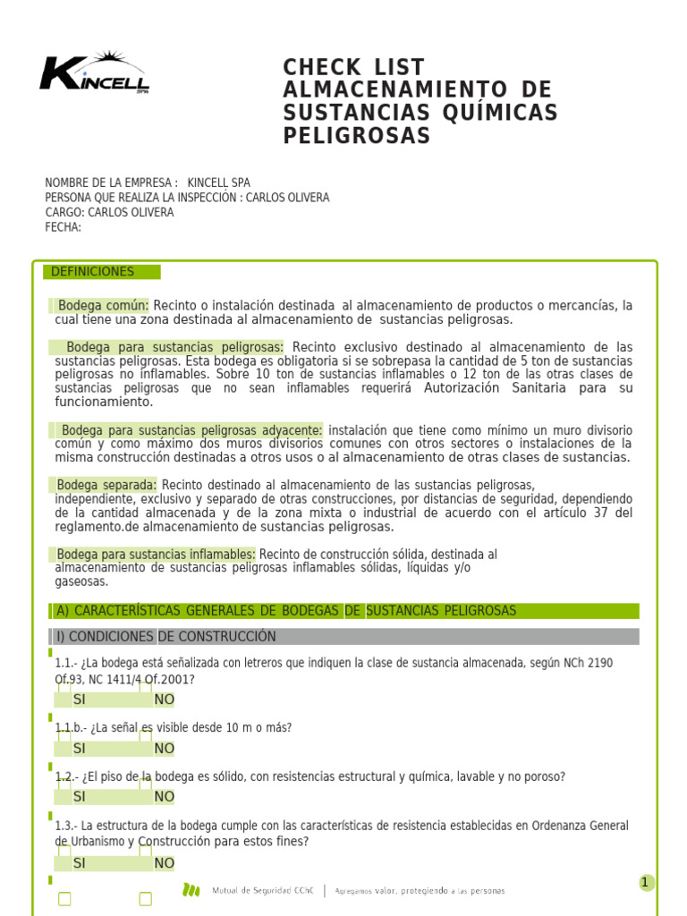 Check List Almacenamiento de Sustancias Quimicas Peligrosas | PDF | Almacén