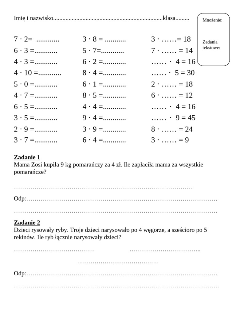 Kartkowka Mnozenie I Dzielenie Pisemne Przyklady Adwentowych