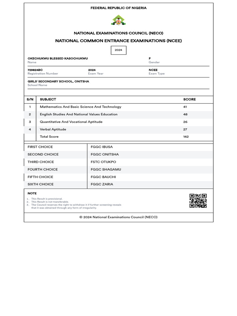 NECO Results Portal | PDF