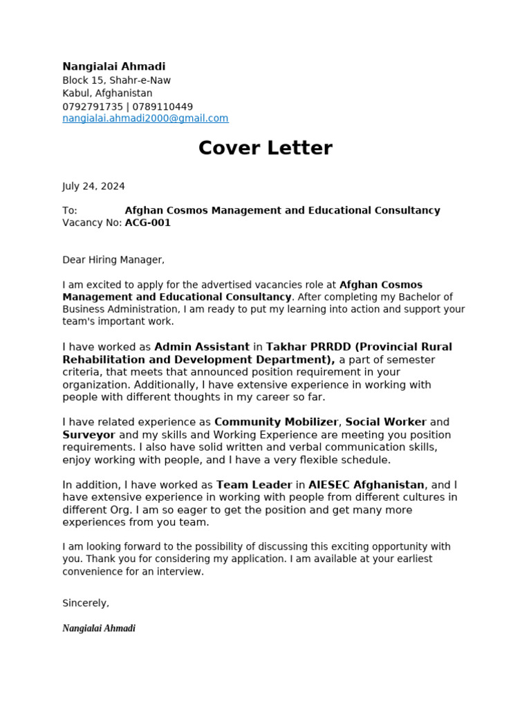 Nangialai Ahmadi CV (Afghan Cosmos Management and Educational ...