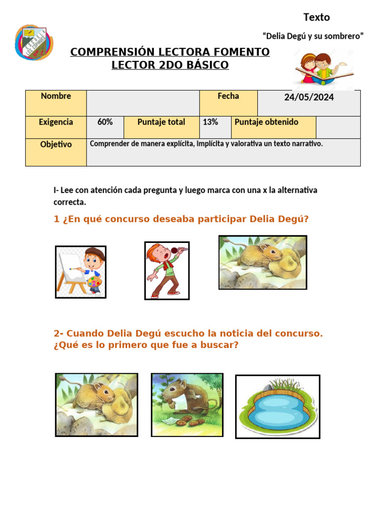 EVALUACIÓN Fomento Lector 2do Básico Cuento 2 Delia Degú y Su Sombrero Isidora Merino | PDF