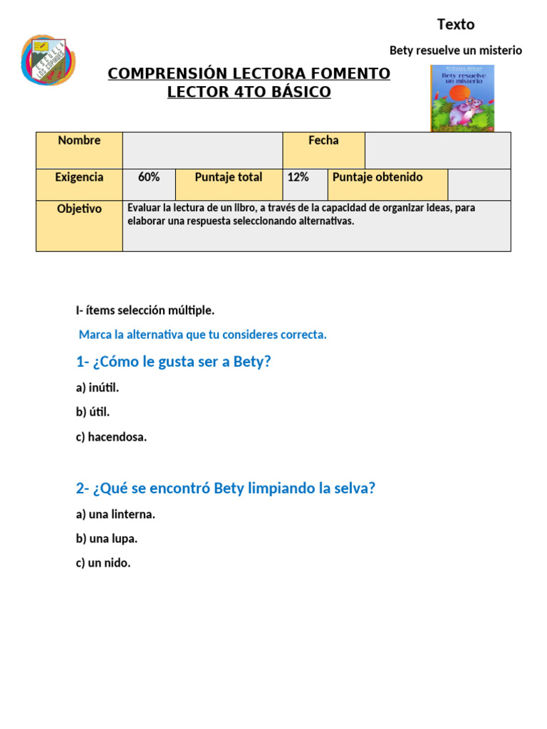 EVALUACIÓN Fomento Lector 3ero Básico Bety Resuelve Un Misterio | PDF