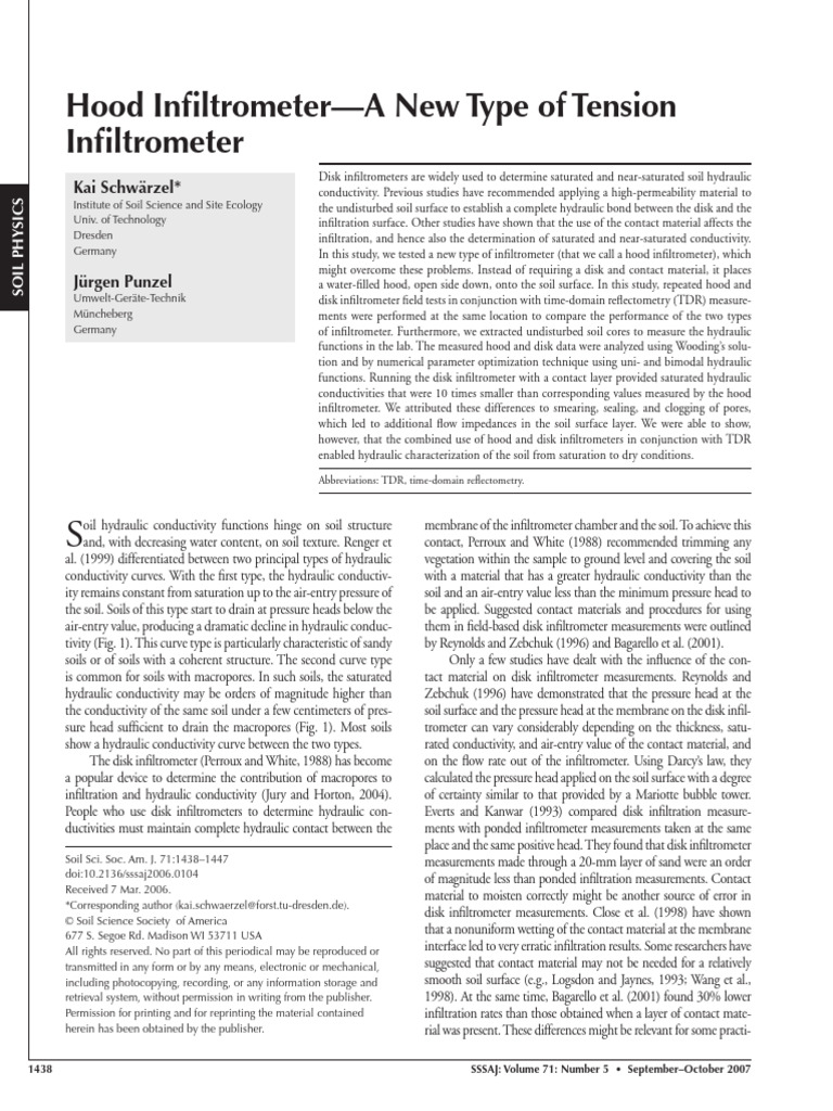 Hood Infiltrometer-A New Type of Tension Infiltrometer | PDF | Soil ...