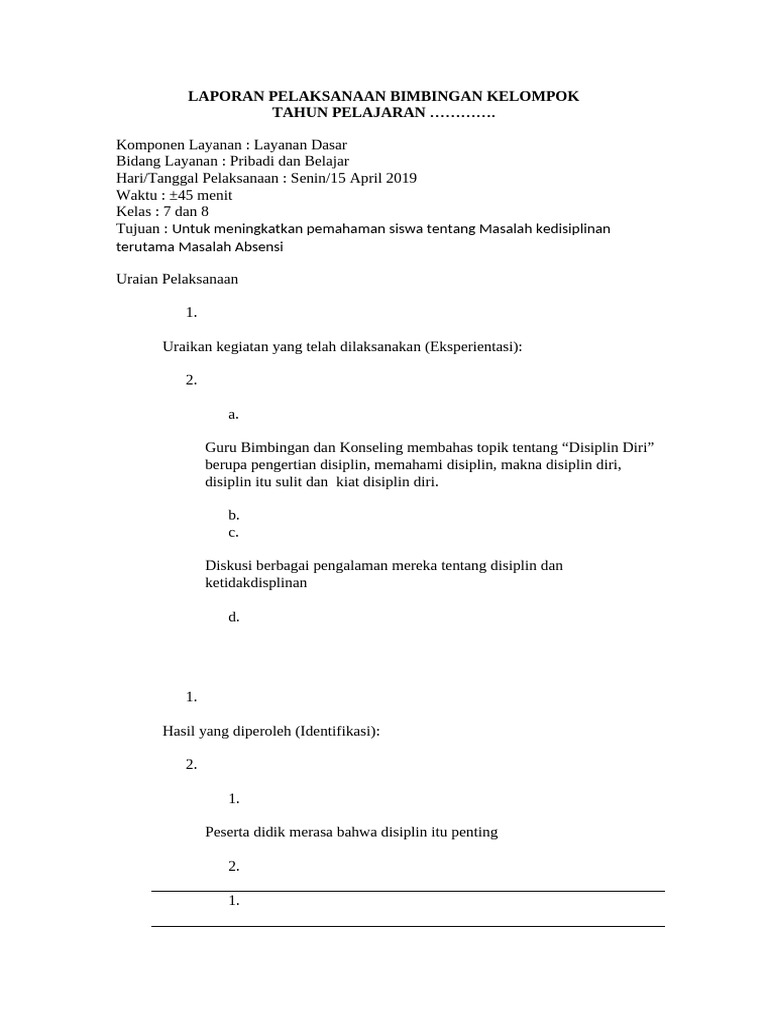 Laporan Pelaksanaan Bimbingan Kelompok | PDF