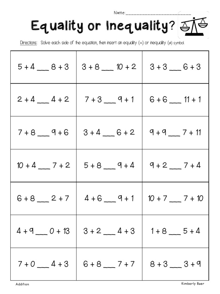 Equality or Inequality?: Directions: Solve Each Side of The Equation ...