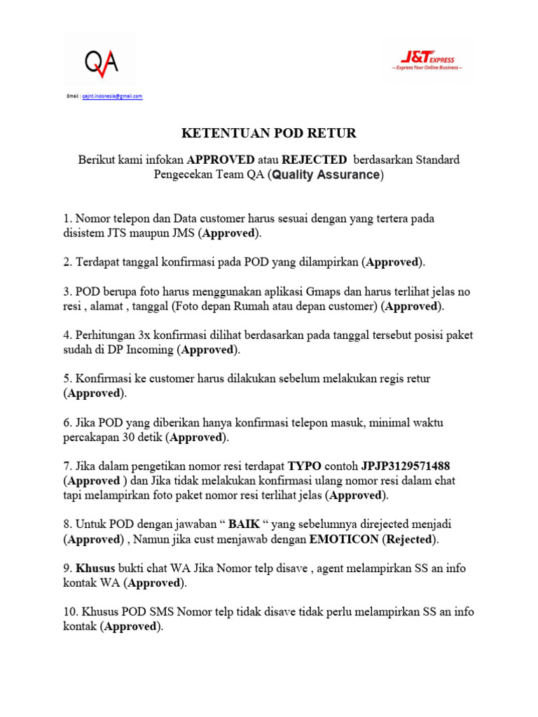 Ketentuan Retur POD untuk Agen JTS | PDF