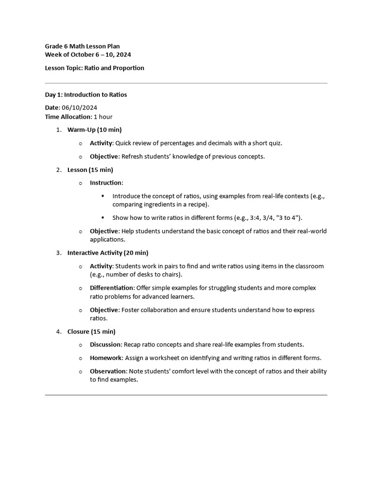 Lesson Plan Grade 6 Math Week 3 | PDF | Ratio | Lesson Plan