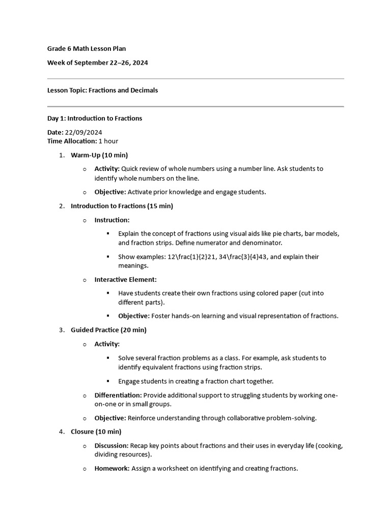 Lesson Plan Grade 6 Math Week 1 | PDF | Decimal | Cognitive Science