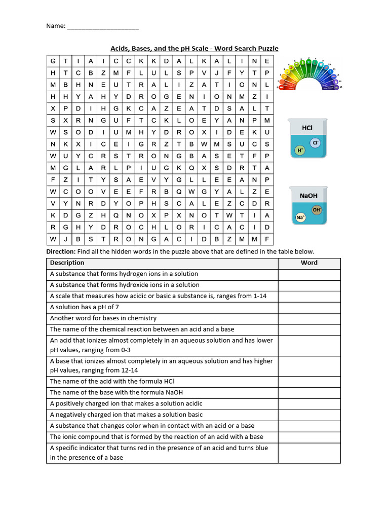 Word Search Puzzle Acids Bases and The PH Scale | PDF | Acid | Ph