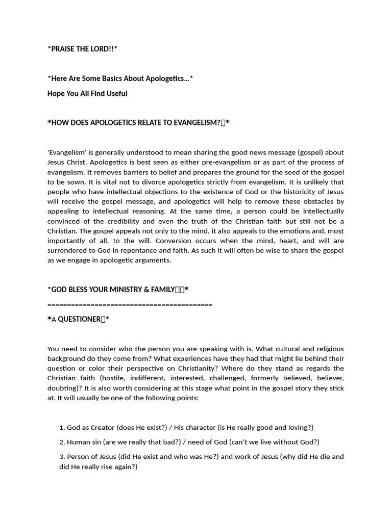 Lesson 1 Introduction To Apologetics Pdf Jesus Christian Apologetics