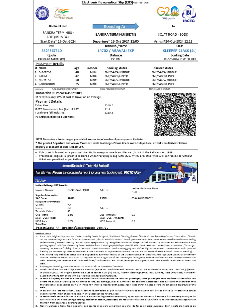 Train Ticket Details & Guidelines | PDF | Identity Document | Payments